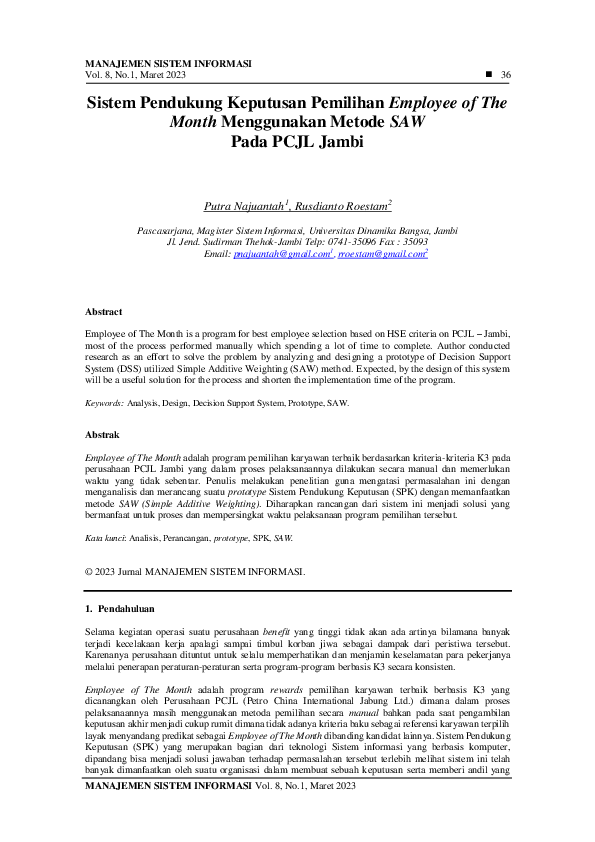 (PDF) Sistem Pendukung Keputusan Pemilihan Employee of The Month Menggunakan Metode SAW Pada ...