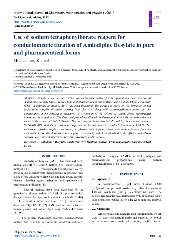 (PDF) Use of sodium tetraphenylborate reagent for conductometric ...