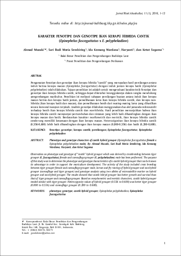 (PDF) KARAKTER FENOTIPE DAN GENOTIPE IKAN KERAPU HIBRIDA CANTIK ...