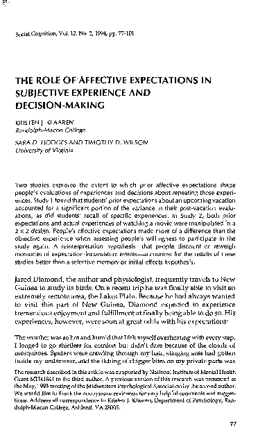 (PDF) The Role of Affective Expectations in Subjective Experience and Decision-Making