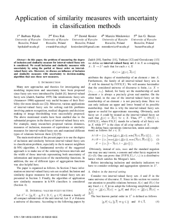 (PDF) Application of similarity measures with uncertainty in classification methods