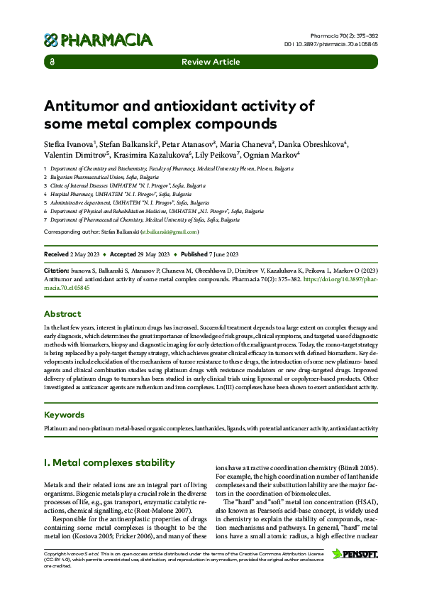 (PDF) Antitumor and antioxidant activity of some metal complex compounds