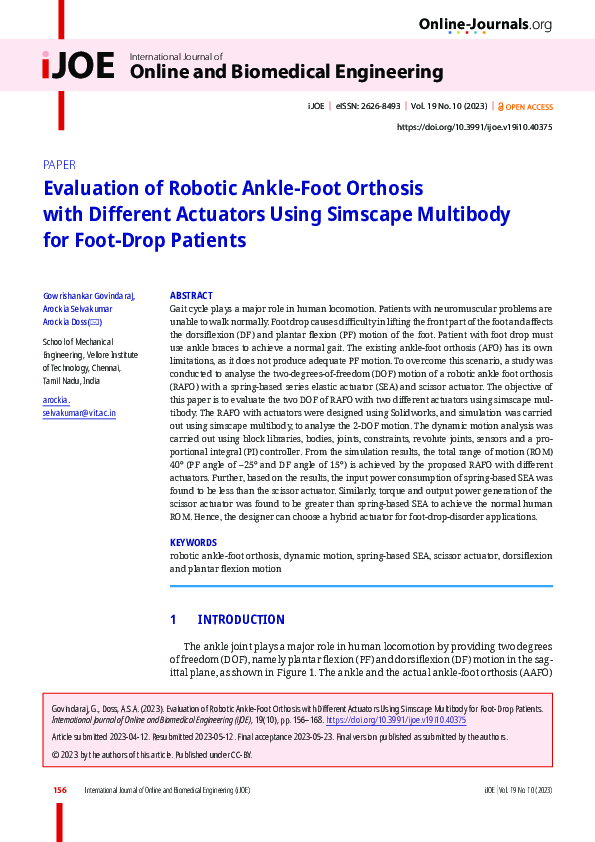 (PDF) Evaluation of Robotic Ankle-Foot Orthosis with Different Actuators Using Simscape ...