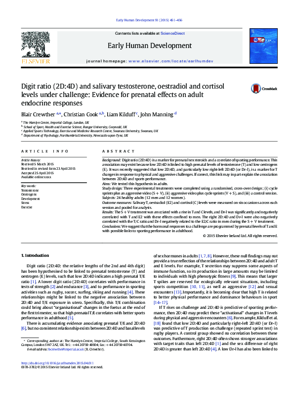 (PDF) Digit ratio (2D:4D) and salivary testosterone, oestradiol and ...
