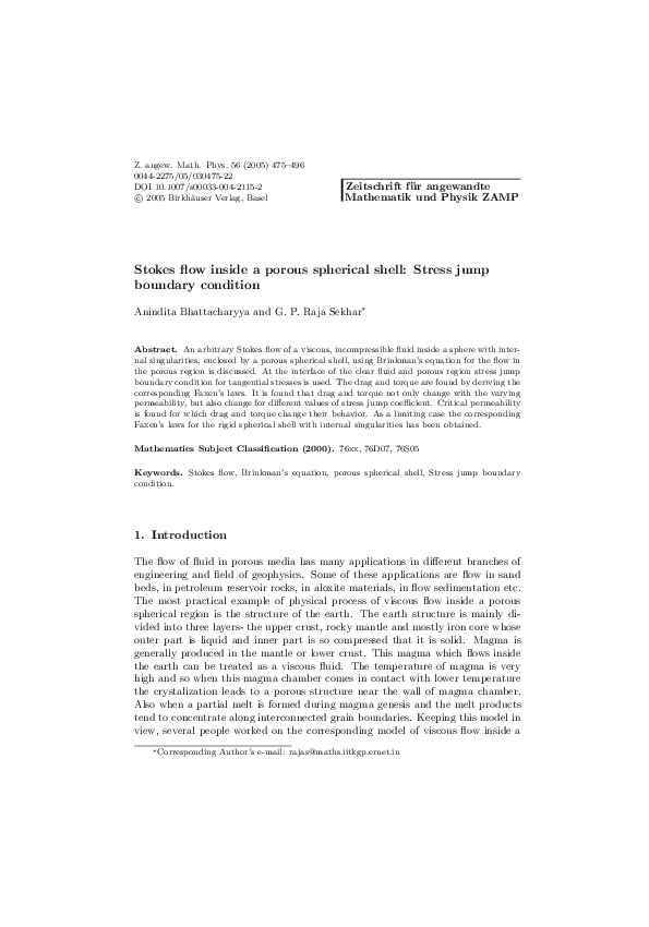 (PDF) Stokes flow inside a porous spherical shell: Stress jump boundary condition