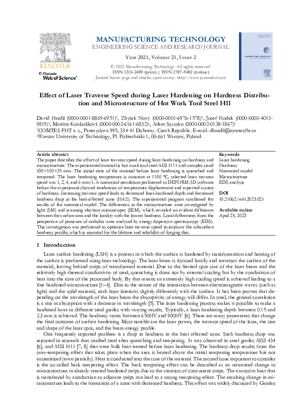 (PDF) Effect of Laser Traverse Speed during Laser Hardening on Hardness ...