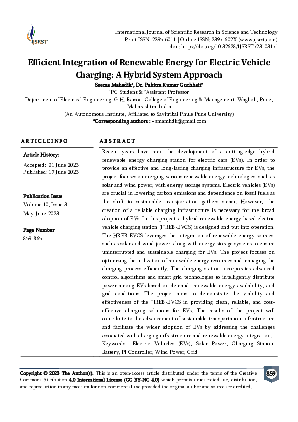 Pdf Efficient Integration Of Renewable Energy For Electric Vehicle Charging A Hybrid System