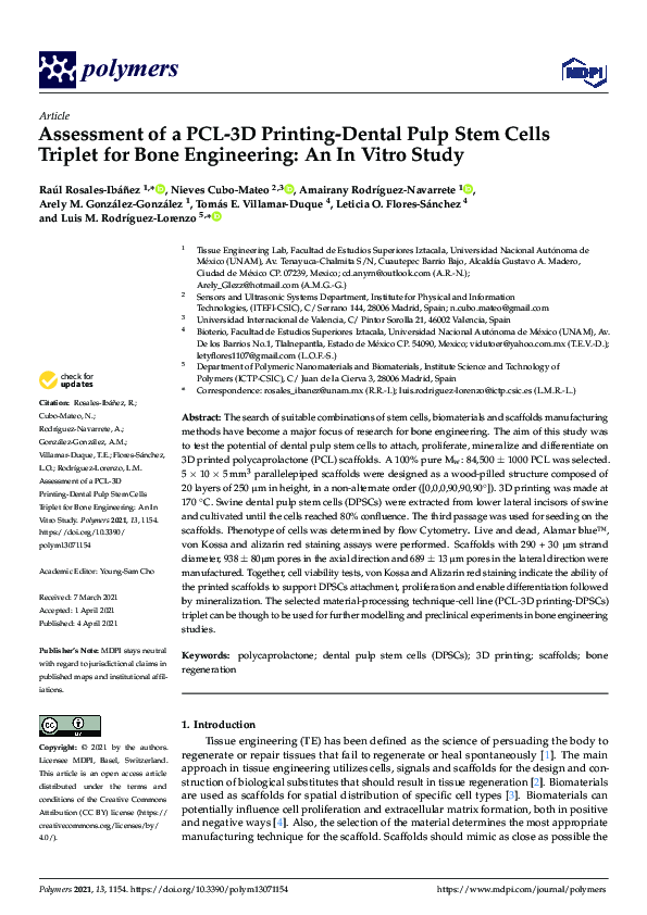 (PDF) Assessment of a PCL-3D Printing-Dental Pulp Stem Cells Triplet ...