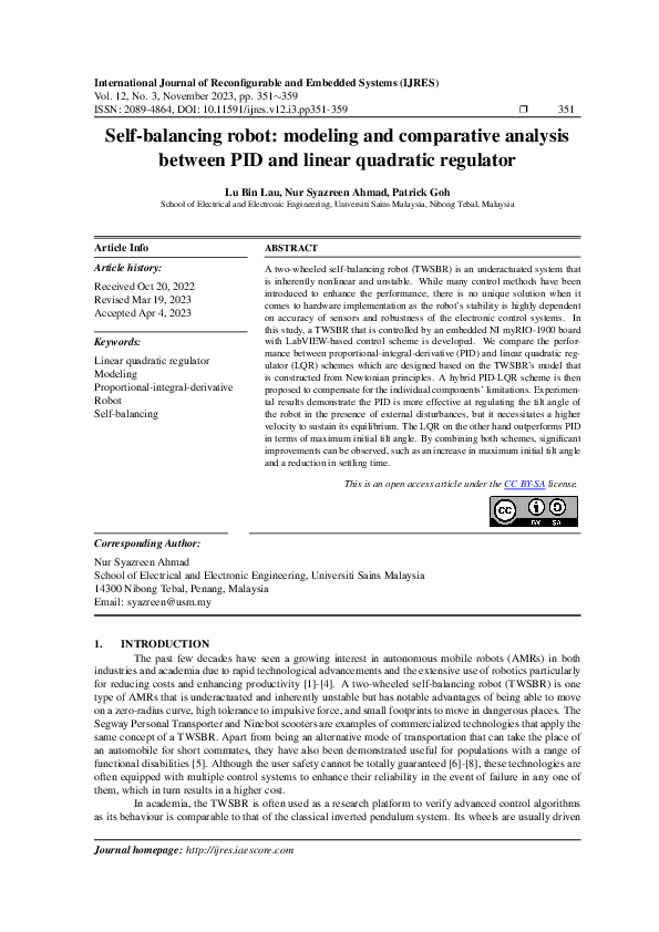 (PDF) Self-balancing robot: modeling and comparative analysis between PID and linear quadratic ...
