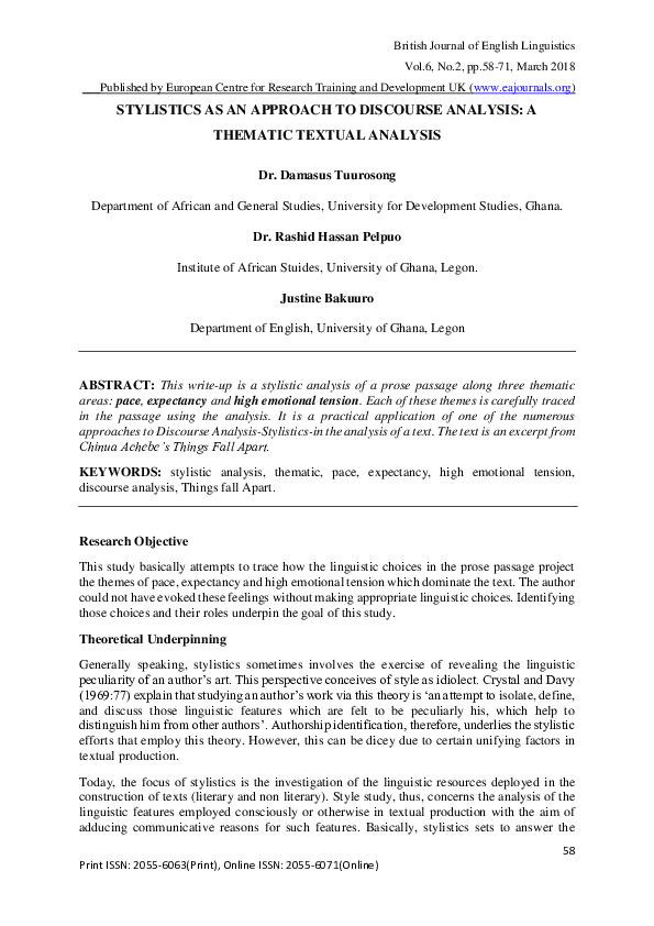 (PDF) Stylistics as an Approach to Discourse Analysis: A Thematic Textual Analysis
