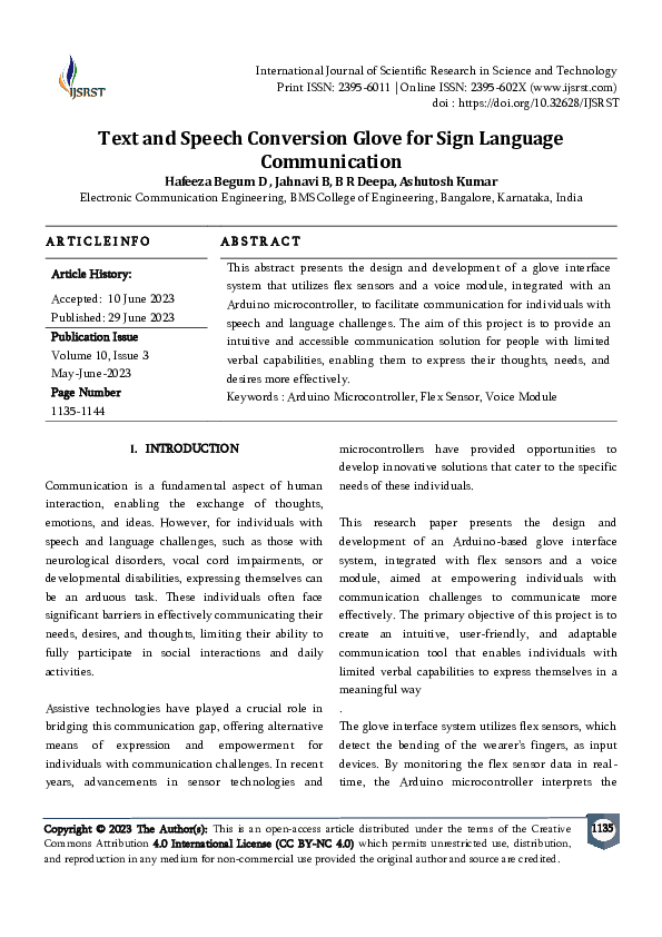(PDF) Text and Speech Conversion Glove for Sign Language Communication