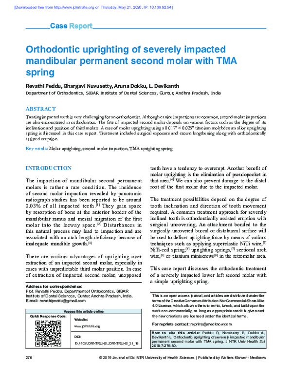 (PDF) Orthodontic uprighting of severely impacted mandibular permanent ...