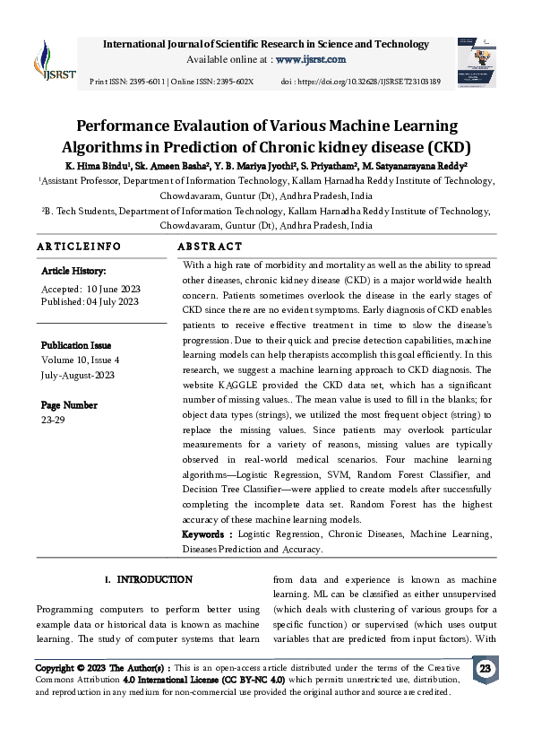 (PDF) Performance Evaluation of Various Machine Learning Algorithms in Prediction of Chronic ...
