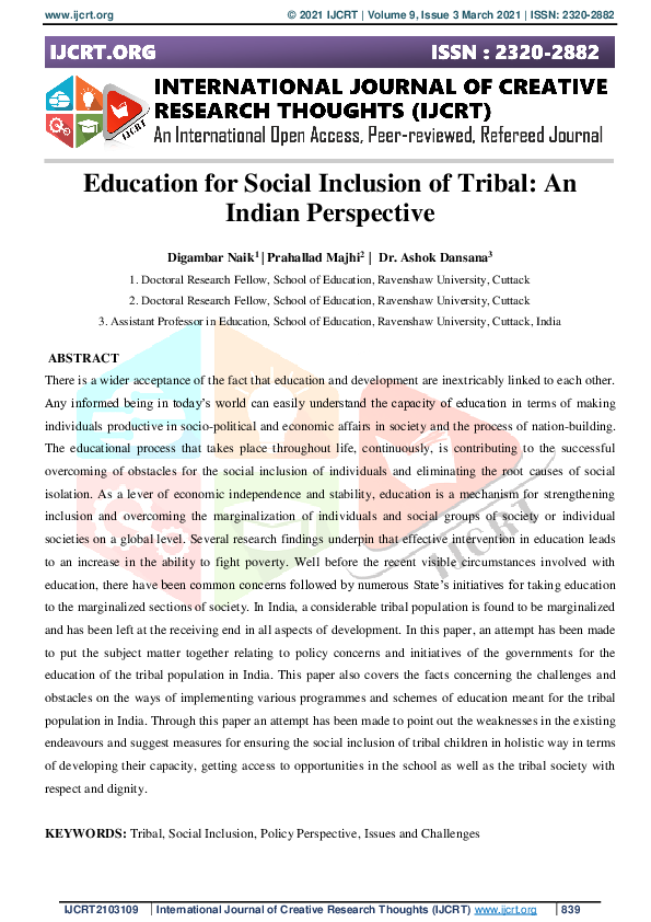 (PDF) Education for Social Inclusion of Tribal: An Indian Perspective
