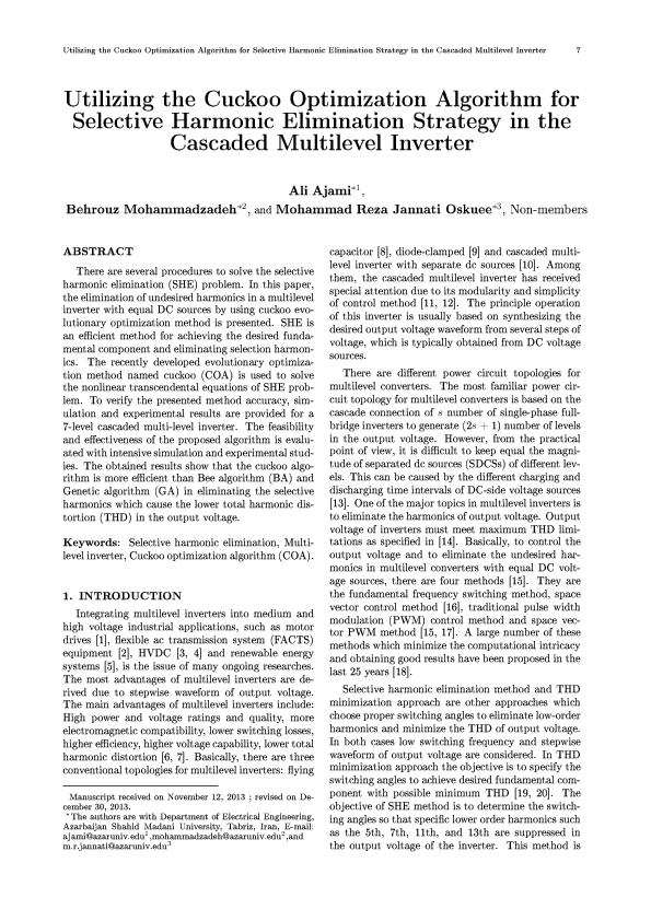 (PDF) Utilizing the Cuckoo Optimization Algorithm for Selective Harmonic Elimination Strategy in ...
