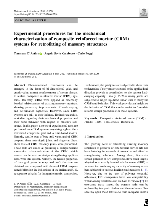 (PDF) Experimental procedures for the mechanical characterization of composite reinforced mortar ...
