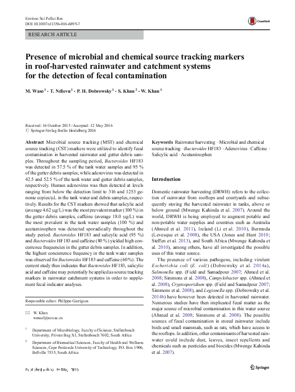 (PDF) Presence of microbial and chemical source tracking markers in roof-harvested rainwater and ...