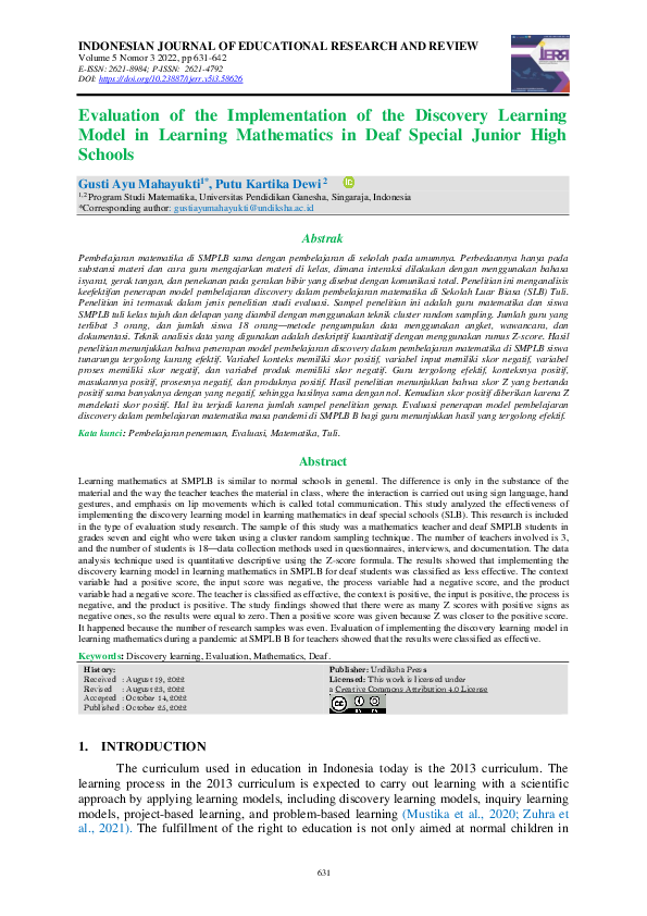 (PDF) Evaluation of the Implementation of the Discovery Learning Model in Learning Mathematics ...