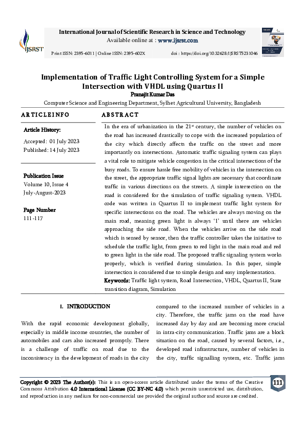 Pdf Implementation Of Traffic Light Controlling System For A Simple Intersection With Vhdl