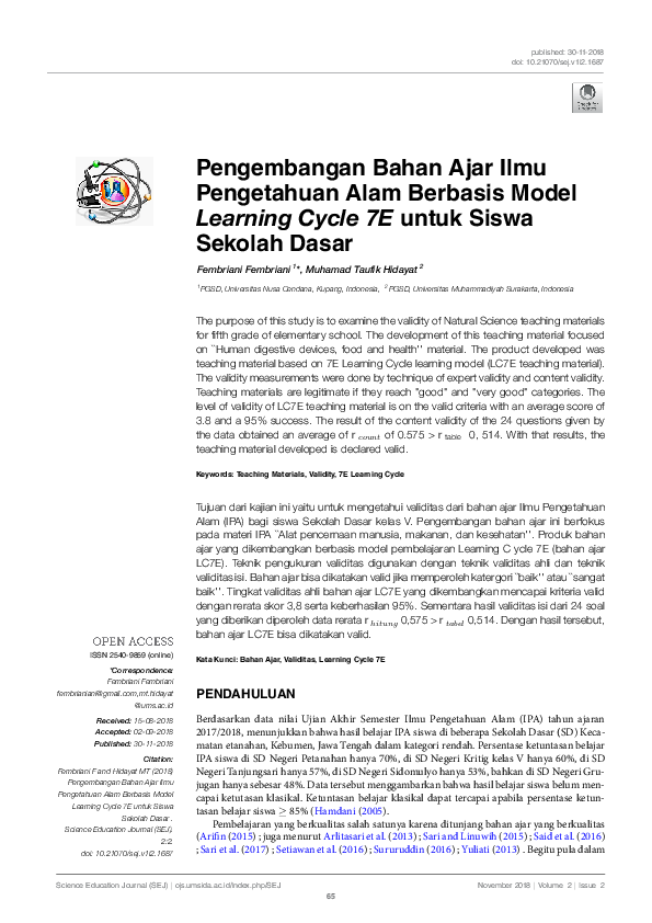 (PDF) Pengembangan Bahan Ajar Ilmu Pengetahuan Alam Berbasis Model Learning Cycle 7E untuk Siswa ...