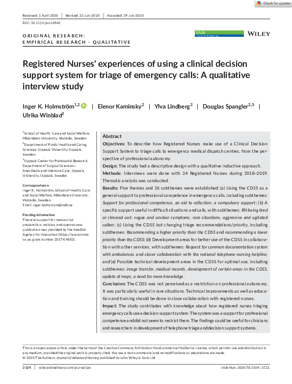 (PDF) Registered Nurses' experiences of using a clinical decision support system for triage of ...