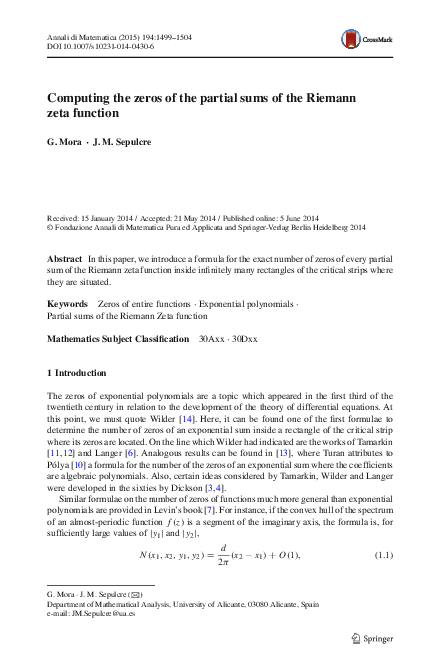 (PDF) Computing the zeros of the partial sums of the Riemann zeta function