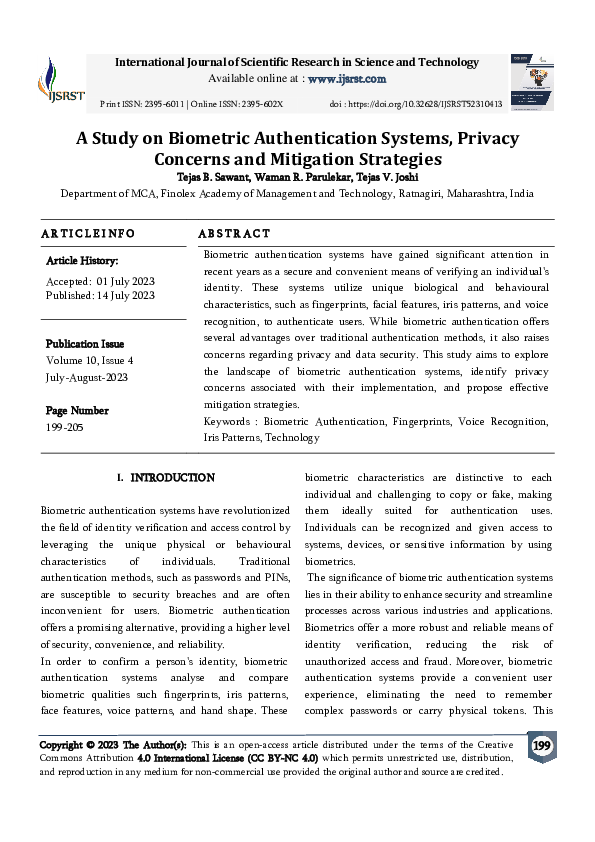 (PDF) A Study on Biometric Authentication Systems, Privacy Concerns and Mitigation Strategies