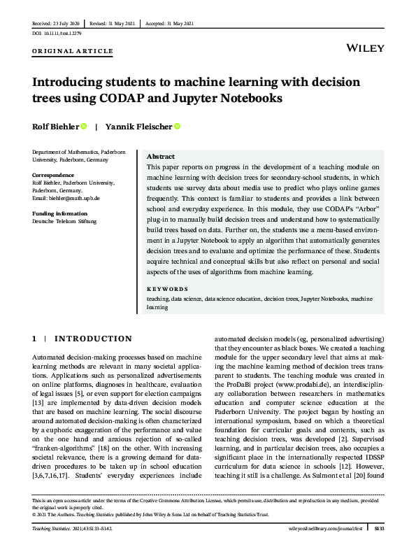 (PDF) Introducing students to machine learning with decision trees using CODAP and Jupyter Notebooks