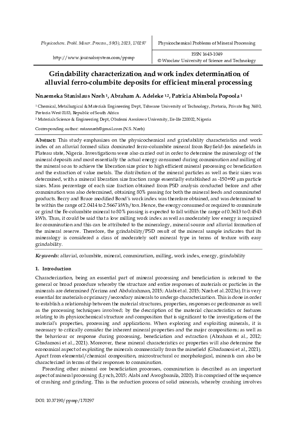 (PDF) Grindability characterization and work index determination of ...