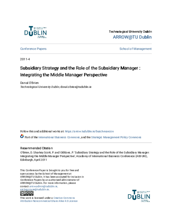 (PDF) Subsidiary Strategy and the Role of the Subsidiary Manager ...