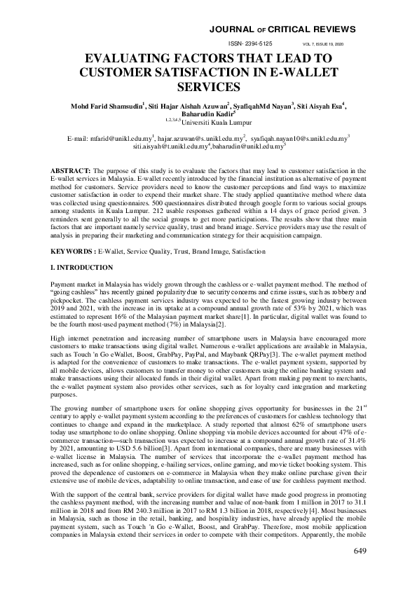 Pdf Evaluating Factors That Lead To Customer Satisfaction In E Wallet