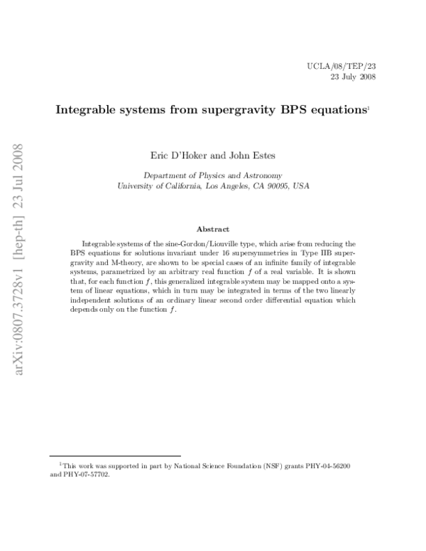 (PDF) Integrable systems from supergravity BPS equations | John John - Academia.edu