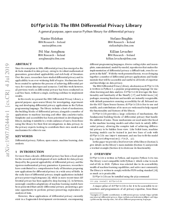 (PDF) Diffprivlib: The IBM Differential Privacy Library