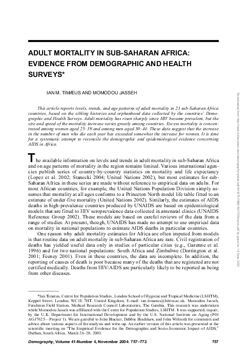 (PDF) Adult mortality in sub-Saharan Africa: Evidence from demographic and health surveys