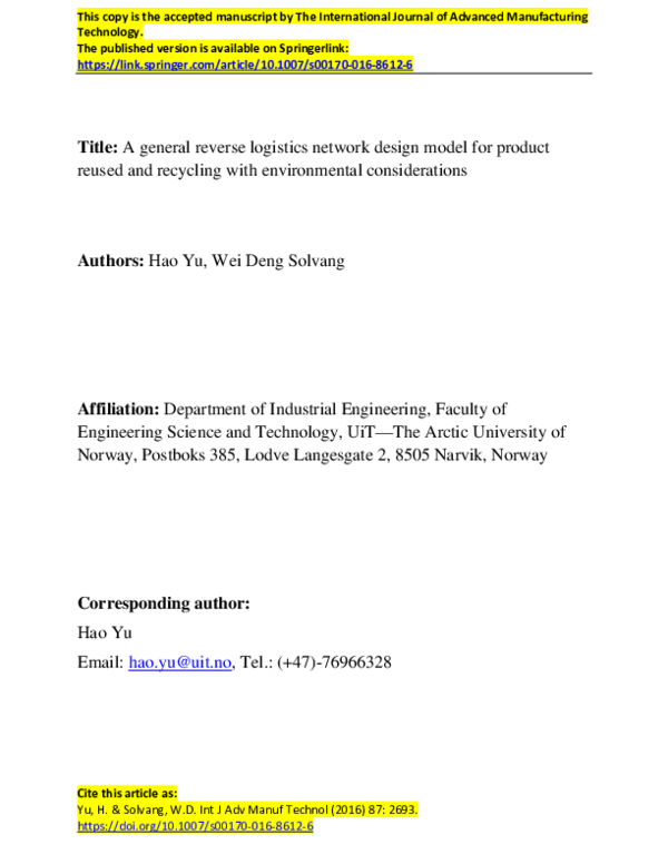 (PDF) A general reverse logistics network design model for product reuse and recycling with ...
