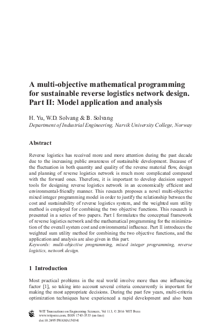 Pdf A Multi Objective Mathematical Programming For Sustainable