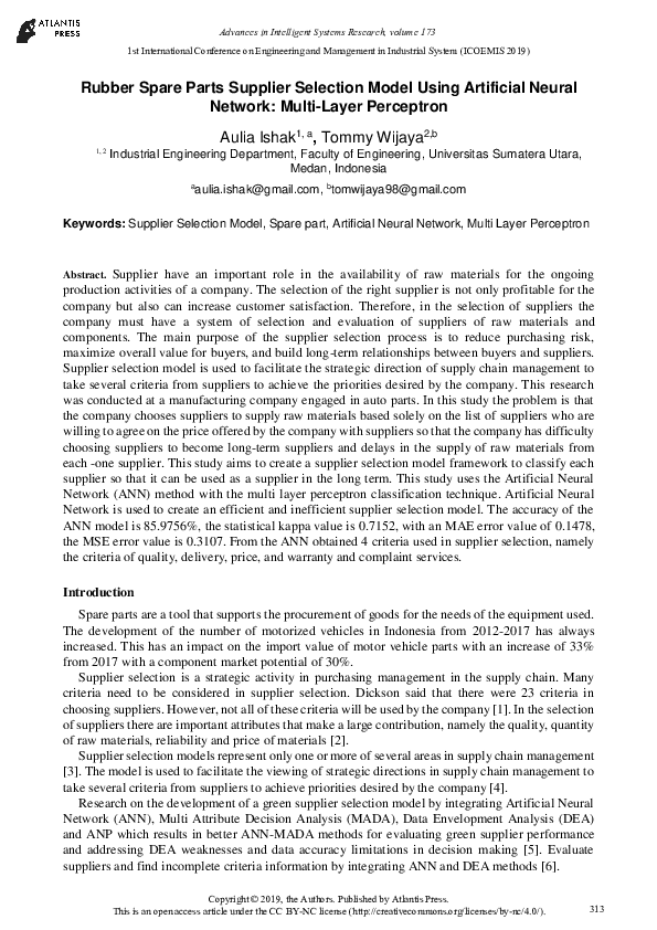 (PDF) Rubber Spare Parts Supplier Selection Model Using Artificial ...