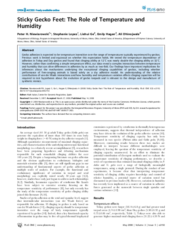 (PDF) Sticky Gecko Feet: The Role of Temperature and Humidity