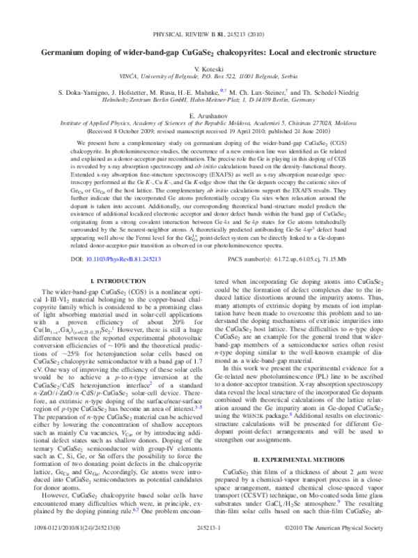 (PDF) Germanium doping of wider-band-gapCuGaSe2chalcopyrites: Local and ...