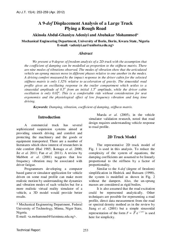 (PDF) A 9-dof Displacement Analysis of a Large Truck Plying a Rough Road