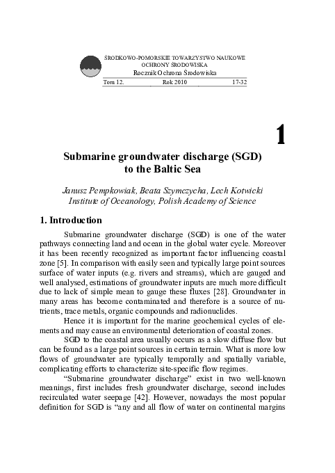 Pdf Submarine Groundwater Discharge Sgd To The Baltic Sea Beata Szymczycha