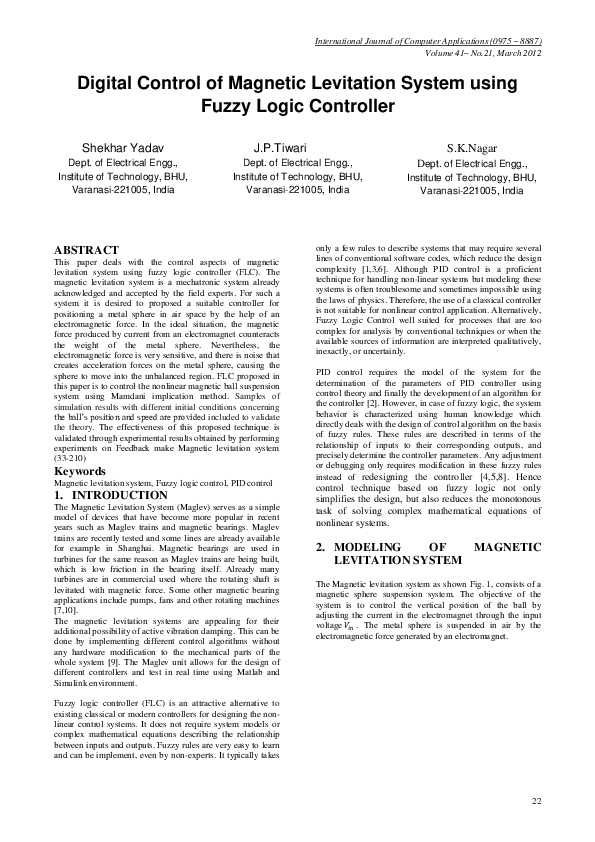 (PDF) Digital Control of Magnetic Levitation System using Fuzzy Logic Controller