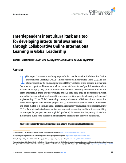 (PDF) Interdependent intercultural task as a tool for developing intercultural awareness through ...
