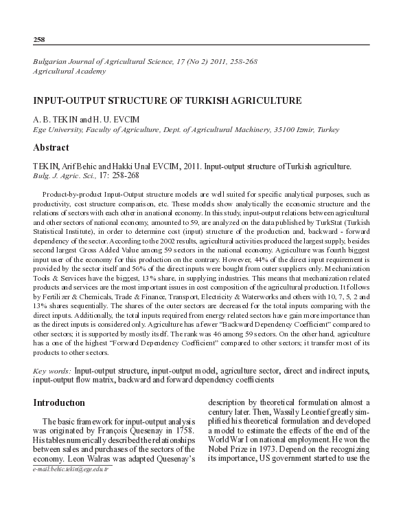 (PDF) Input-Output Structure of Turkish Agriculture