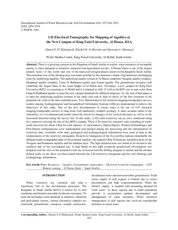 (PDF) 2-D Electrical Tomography for Mapping of Aquifers at the New ...