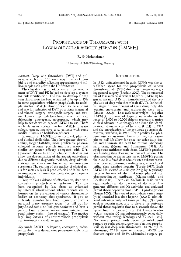 (PDF) PROPHYLAXIS OF THROMBOSIS WITH LOW-MOLECULAR-WEIGHT HEPARIN (LMWH ...