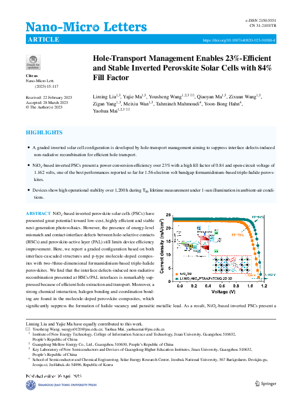 (PDF) Hole-Transport Management Enables 23%-Efficient and Stable Inverted Perovskite Solar Cells ...