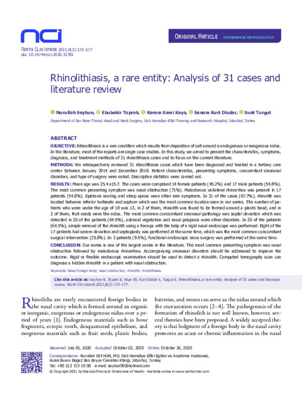 (PDF) Rhinolithiasis, a Rare Entity: Analysis of 31 Cases and ...
