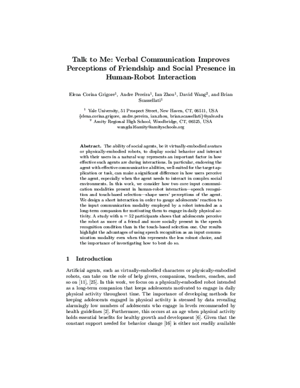 (PDF) Talk to Me: Verbal Communication Improves Perceptions of Friendship and Social Presence in ...
