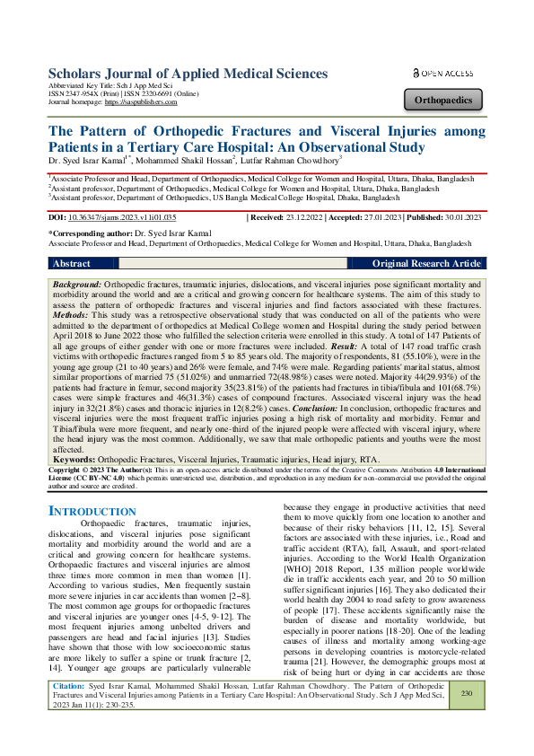 (PDF) The Pattern of Orthopedic Fractures and Visceral Injuries among ...
